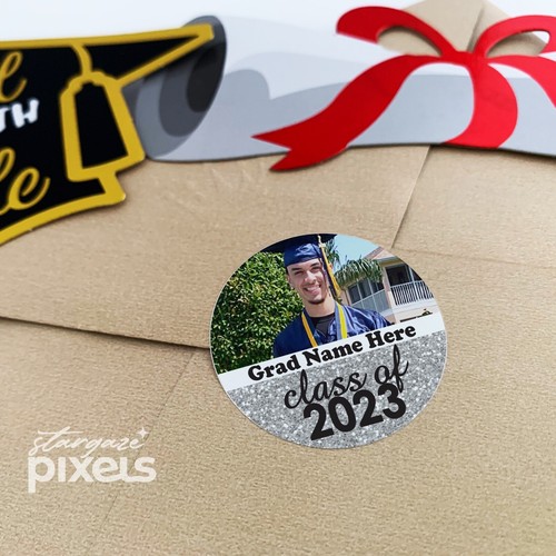 (24) 2023 Graduation Photo Stickers - Glitter Party Favor Labels Glossy ...