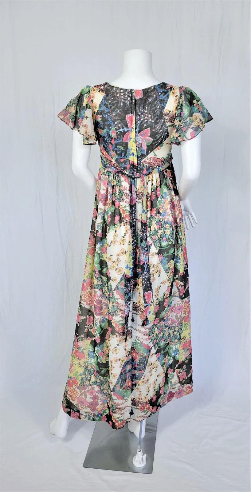 Joy Stevens 1970's Floral Patchwork Print Long Black … - Gem