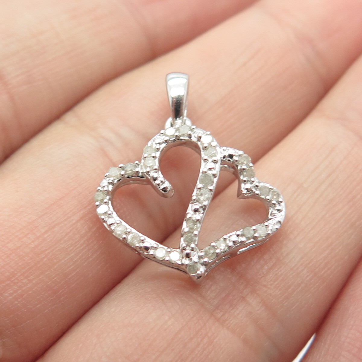 925 Sterling Silver Real White Diamond Couple of Hearts Pendant | eBay