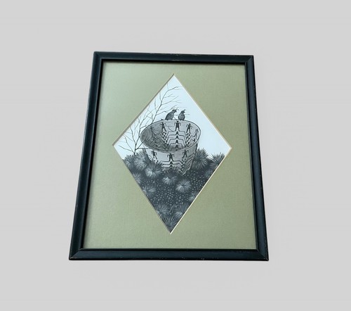 ASA BATTLES Native American Artist Framed Drawing Quail Birds Basket ...