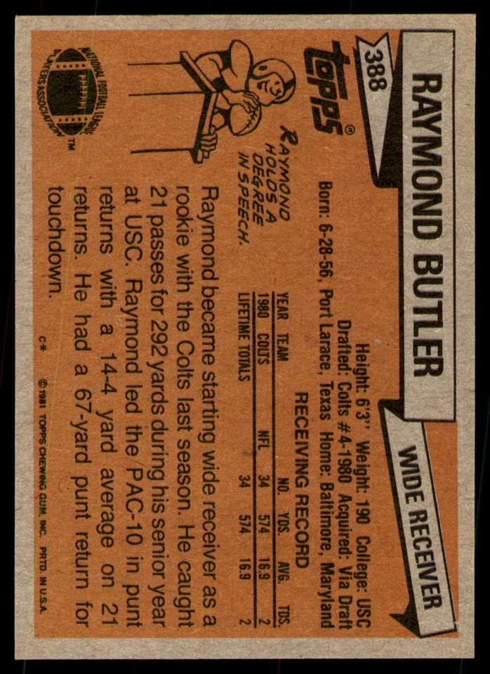 1981 Topps #388 Raymond Butler Rookie Baltimore Colts RC Card | eBay