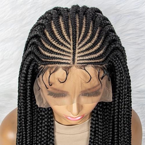 100% Handmade Long Cornrow Full Lace Synthetic Hair Wigs Knotless ...