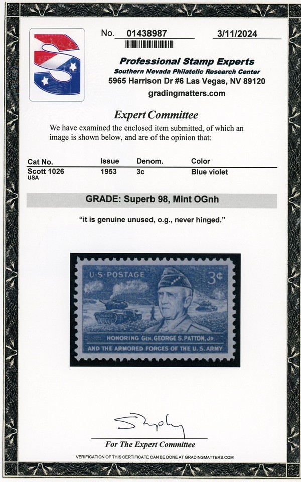 US Stamp #1026 Gen. George S. Patton 3c - PSE Cert - SUP 98 - MNH - SMQ ...