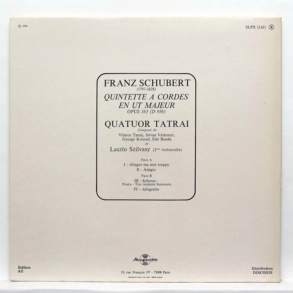 TATRAI QUARTET, LASZLO SZILVAZY ⸺ SCHUBERT string quintet ⸺ HUNGAROTON ...