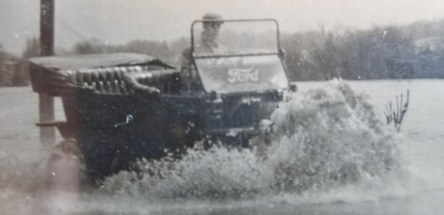 B&W PHOTO A VIEW OF OLD FORD CONVERTIBLE CAR DRIVING THROUGH WATER.Very ...