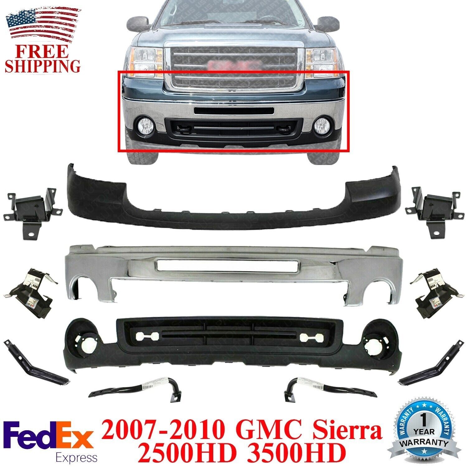 Front Bumper Chrome + Upper Cover +Brackets For 2007-2010 GMC Sierra ...