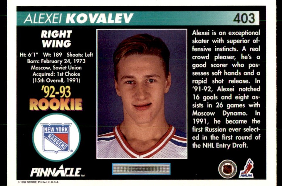 1992-93 Pinnacle Canadian Alexei Kovalev New York Rangers #403 LP | eBay