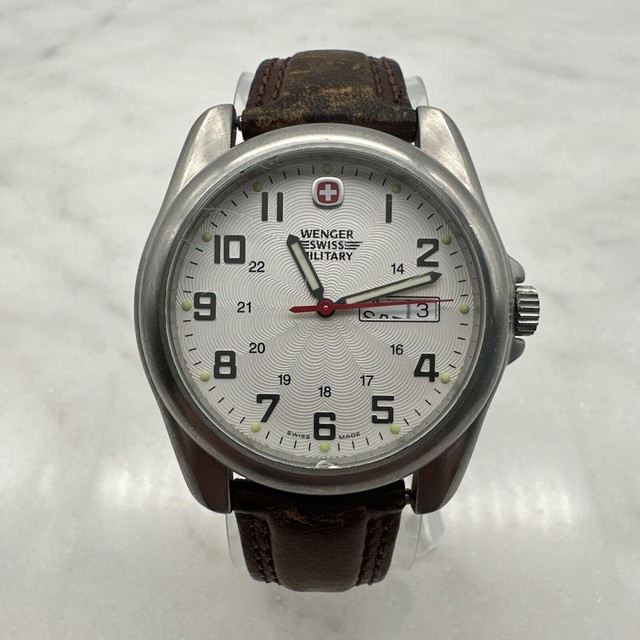 Vintage Wenger Swiss Military Field Brown Leather Quartz Mens Watch ...