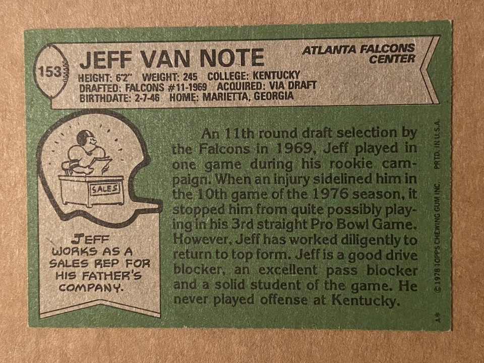 JEFF VAN NOTE Signed 1978 Topps #153 Falcons Kentucky Wildcats ...