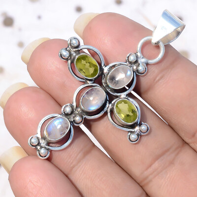 925 Sterling Silver Rainbow Moonstone, Peridot Gemstone Jewelry Cross ...