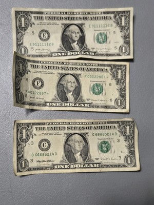 Lot Of 3 Fancy Serial Number 1 Dollar Bills. 666- Star Note- Six In Row ...
