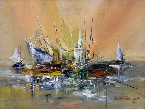 Haitian 20C, 1995, Cupidon Rodrigue, Vintage Acrylic Painting, Harbor ...