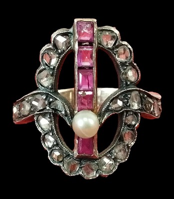 MODERNIST RING. WHITE GOLD, SYNTHETIC RUBIES, PINK DIAMONDS, SPAIN. END ...