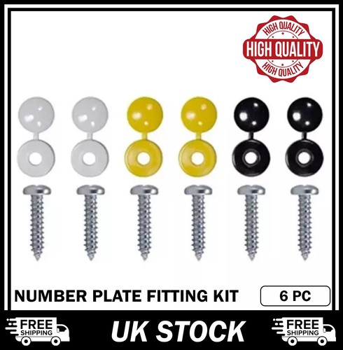 6 x NUMBER PLATE CAR FIXING FITTING KIT SCREWS & CAPS HINGED BLACK ...