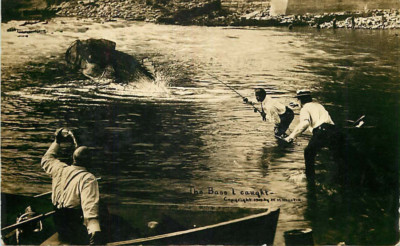 Exaggerated Real Photo Postcard Men Reeling in Giant Bass Fish - W H ...