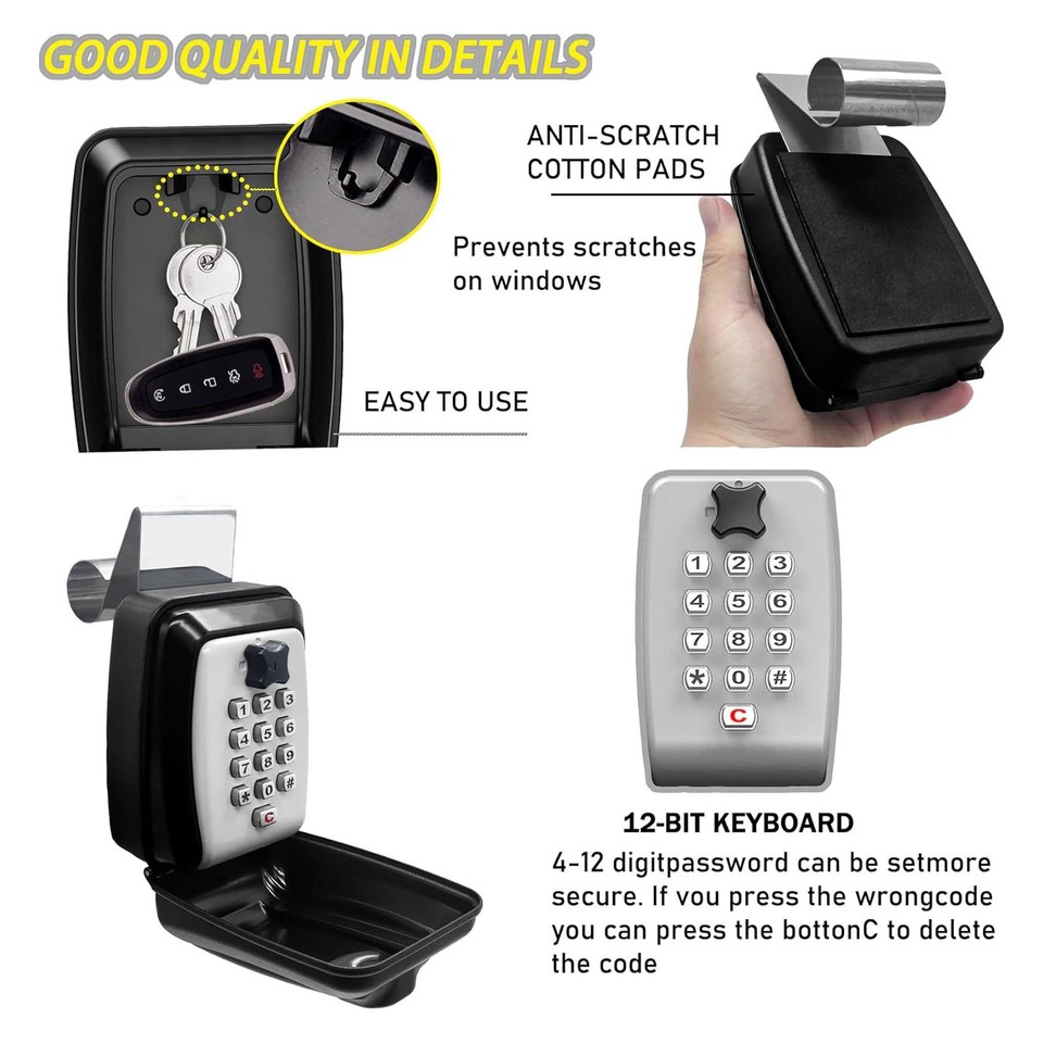Car Window Key Safe Box Multi-Purpose Push Button Key Lock Box 12 Digit ...