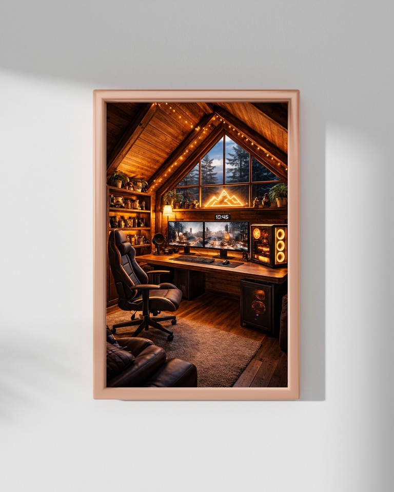 Cozy Loft Gaming Room Wall Art – Warm Cabin Setup | Gaming Decor ...