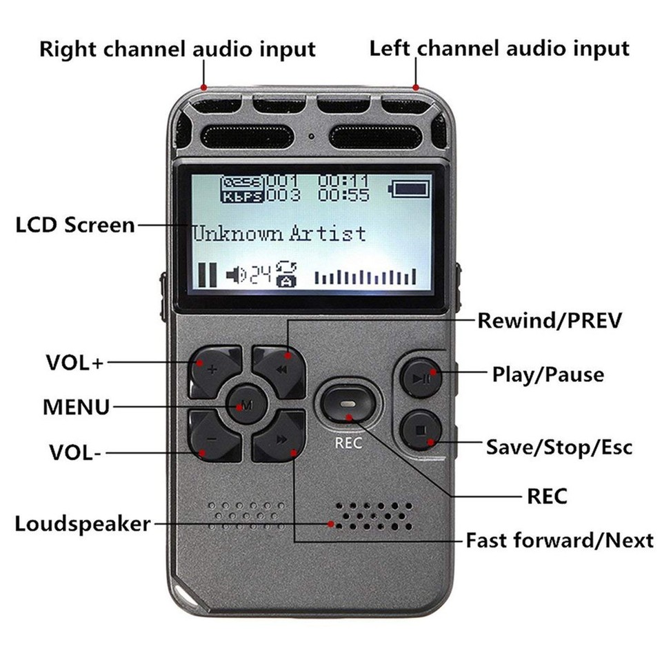 64GB Rechargeable LCD Digital Audio Sound Voice Recorder Dictaphone MP3 ...