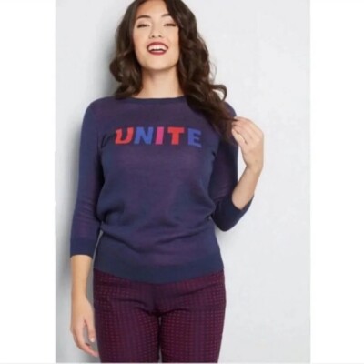 MODCLOTH women's UNITE knitted sweater 3/4 sleeve size medium blue ...