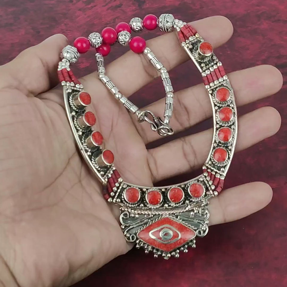 AAA+ Coral Gemstone Handmade 925 Sterling Silver Jewelry Ethnic Nepali ...