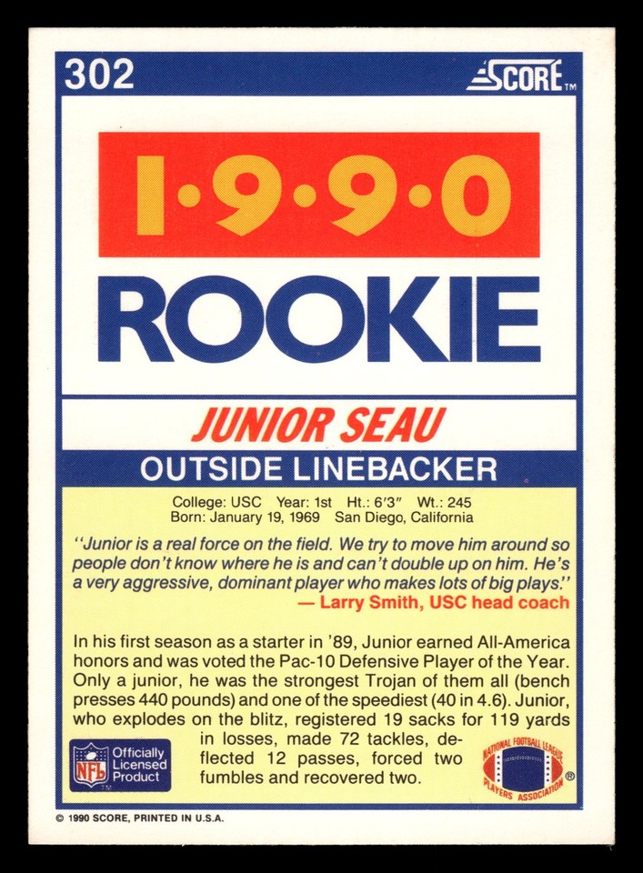 1990 Score Junior Seau #302 USC Trojans HOF ROOKIE HIGH GRADE BEAUTY ...
