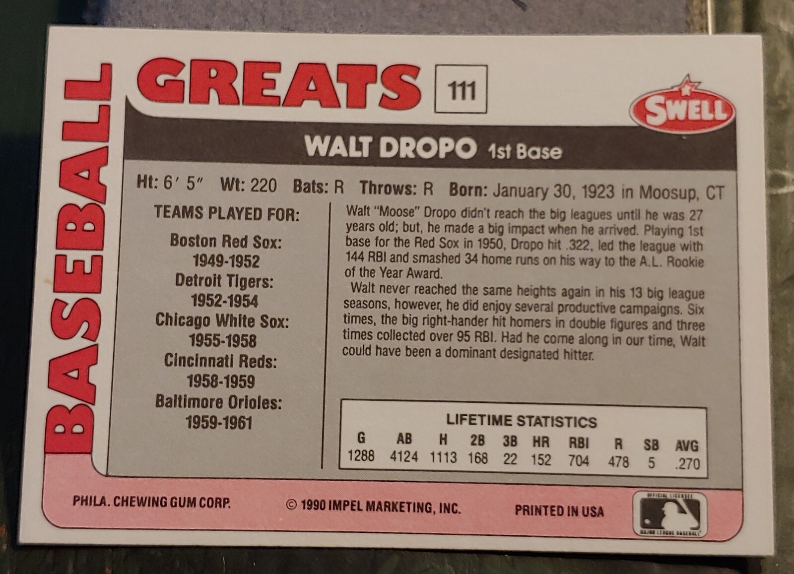 Walt Dropo Auto Signed Autograph Red Sox 1989 Swell Baseball Greats ...