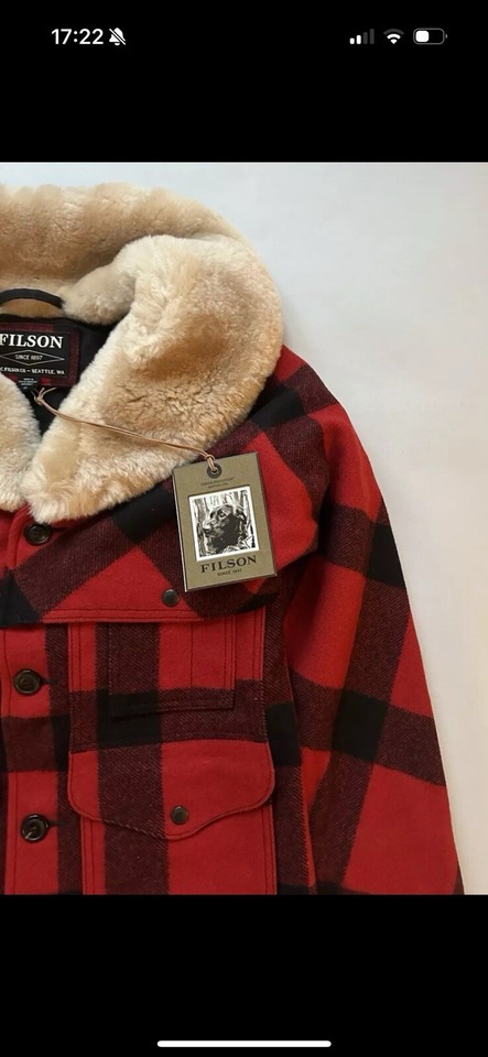 New Filson Shearling Packer Cape Coat Red Black Buffalo Plaid Wool ...