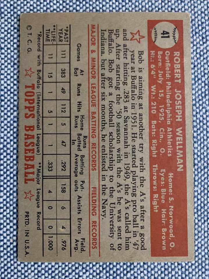 Bob WELLMAN 1952 Topps Baseball #41 RC Red Back VG/EX Philadelphia ...