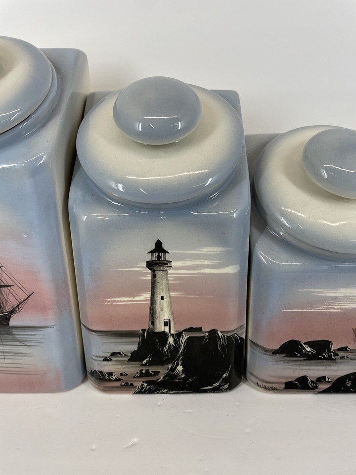 VTG Set 4 G.L. Hooton Hand Painted Ceramic Canisters Ships Lighthouse ...