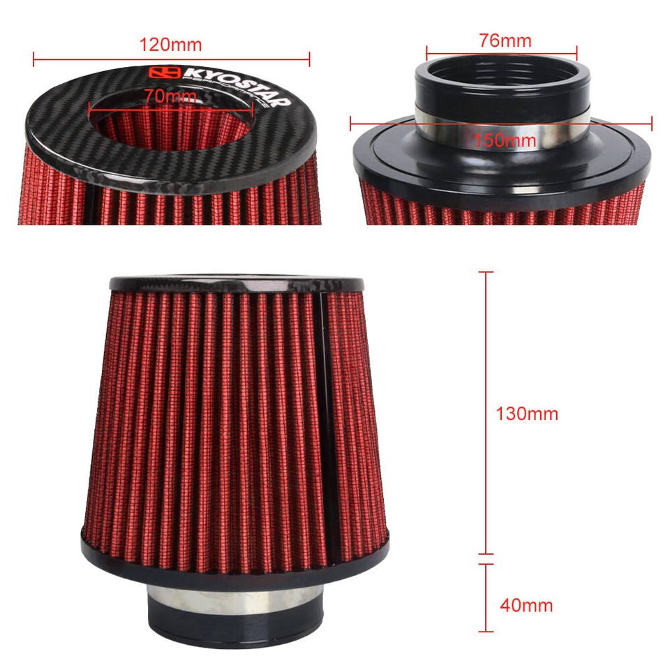 3'' Carbon Dry Air Filter Cold Air Intake Cone Replacement High Flow ...