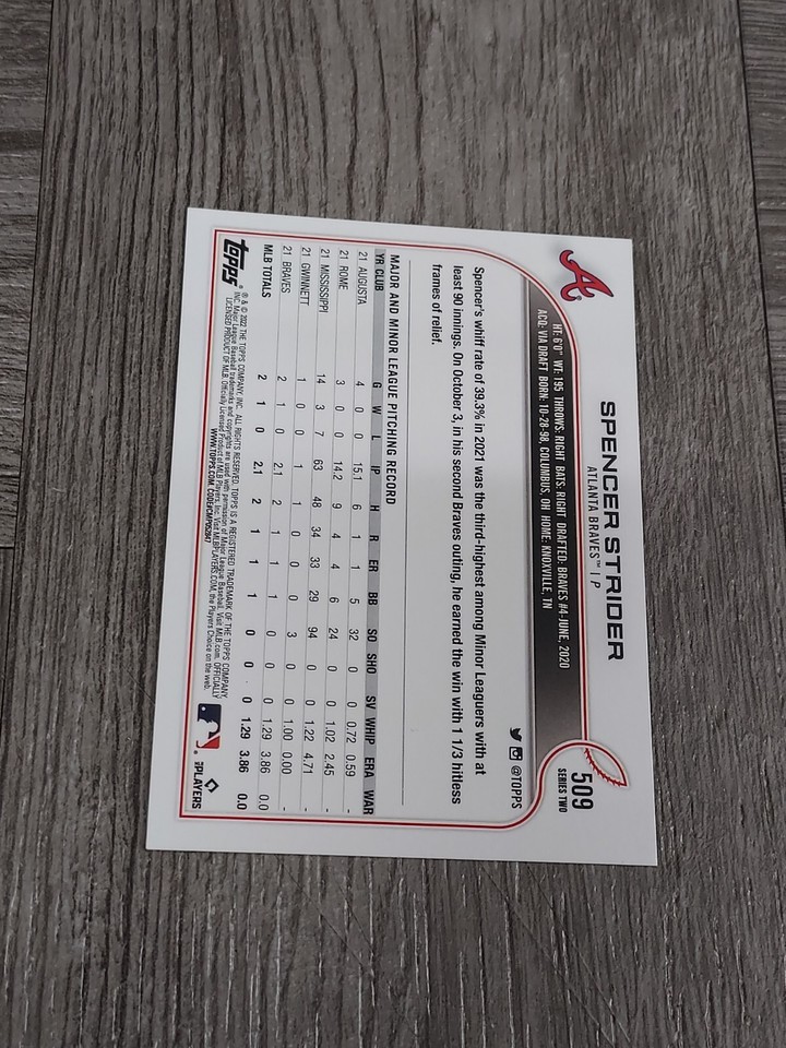 SPENCER STRIDER 2022 TOPPS PAPER ROOKIE CARD 509.BRAVES.. | eBay