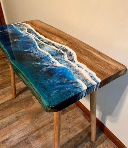 Ocean Epoxy Resin Dining Table Top, Epoxy Live Edge Wooden Table Top ...