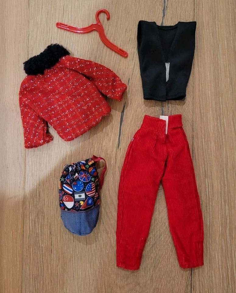 💕 Vtg Barbie WINTER CLOTHES CORDUROY RED PANTS TWEED JACKET FUR TRIM ...
