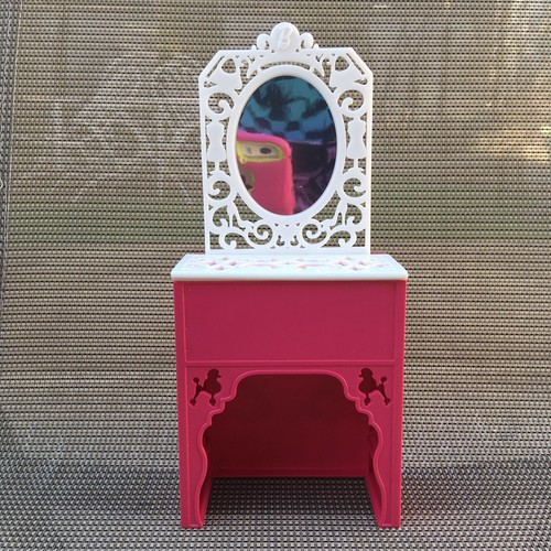 2018 Barbie Pink Poodle Pop Up Desk Vanity Table with Mirror Doll Size ...