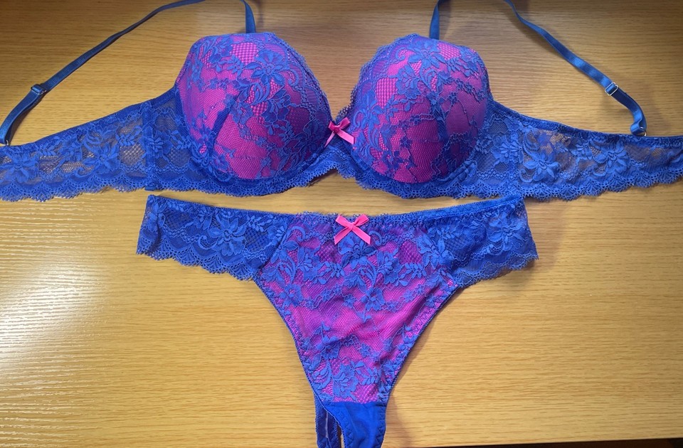 38B BRA AND THONG PANTIES SET~BLUE&PINK~UNDERWIRE PADDED~ NEW | eBay UK