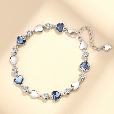 925 Sterling Silver Crystal Love Heart Linked Charm Bracelet Women ...