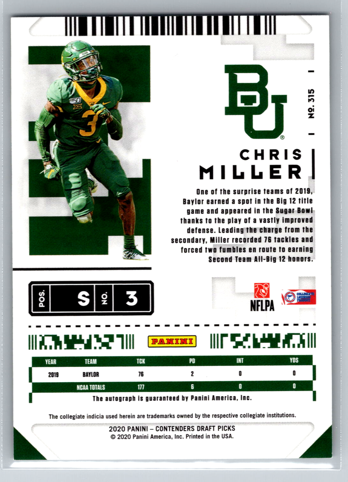 Chris Miller 2020 Panini Contenders Draft Picks Rookie Auto #315 Baylor ...