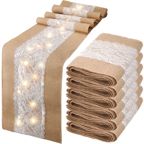 6 Pcs 12" X 108" Burlap Table Runner With Led String Lights Lace Rustic ...