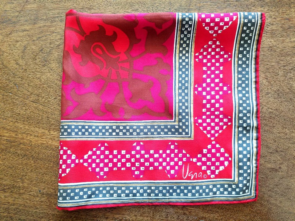 VERA Scarf, Mid 1970's, Rayon & Silk, Pink, Red, Brown, Gold & White ...