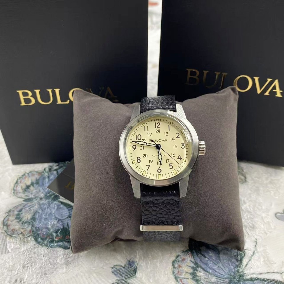 Bulova 96A246 Men's Hack Watch Ivory Dial Automatic Black Leather Strap ...