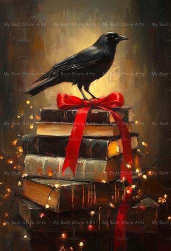 CHRISTMAS CROW BOOK STACK ART PRINT, Holiday Home Decor, Raven Bird ...
