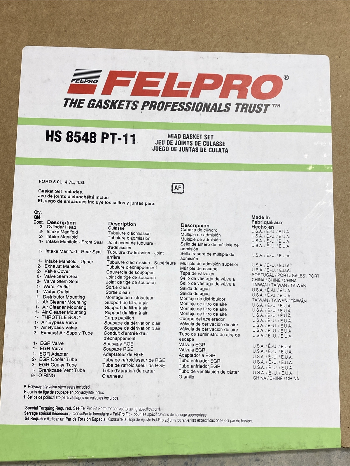 Engine Cylinder Head Gasket Set-VIN: F Fel-Pro HS 8548 PT-11 For 5.0L 4 ...