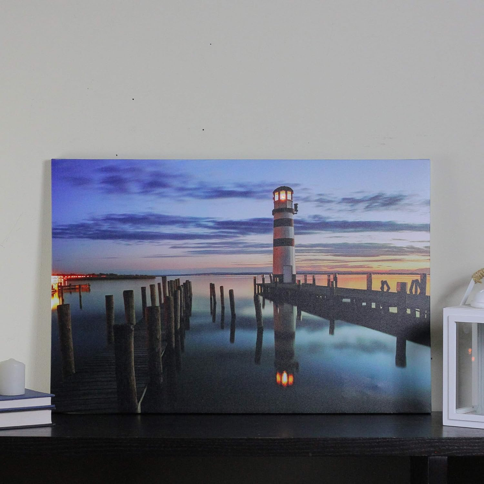 LED Lighted Coastal Sunset Lighthouse Scene Canvas Wall Art - 15.75" X ...
