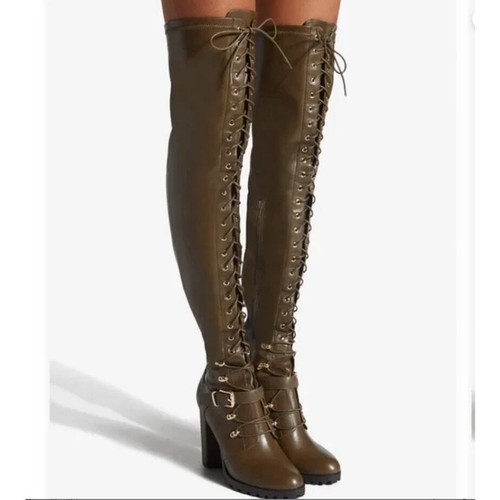 New Shoedazzle Daneisha Lace Up Heeled Boot Dark Olive Steampunk Goth ...