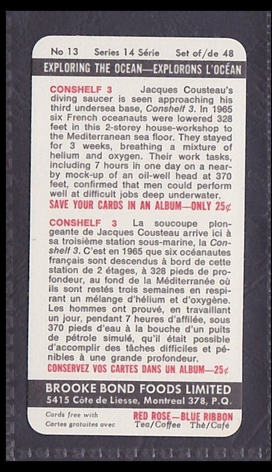 JACQUES COUSTEAU'S CONSHELF 3 OCEANAUTS - 50 + year old Trade Card # 13 ...