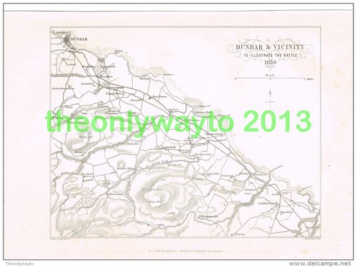 MAP OF DUNBAR AND VICINITY, SCOTLAND, BATTLE 1650, Book Illustration ...