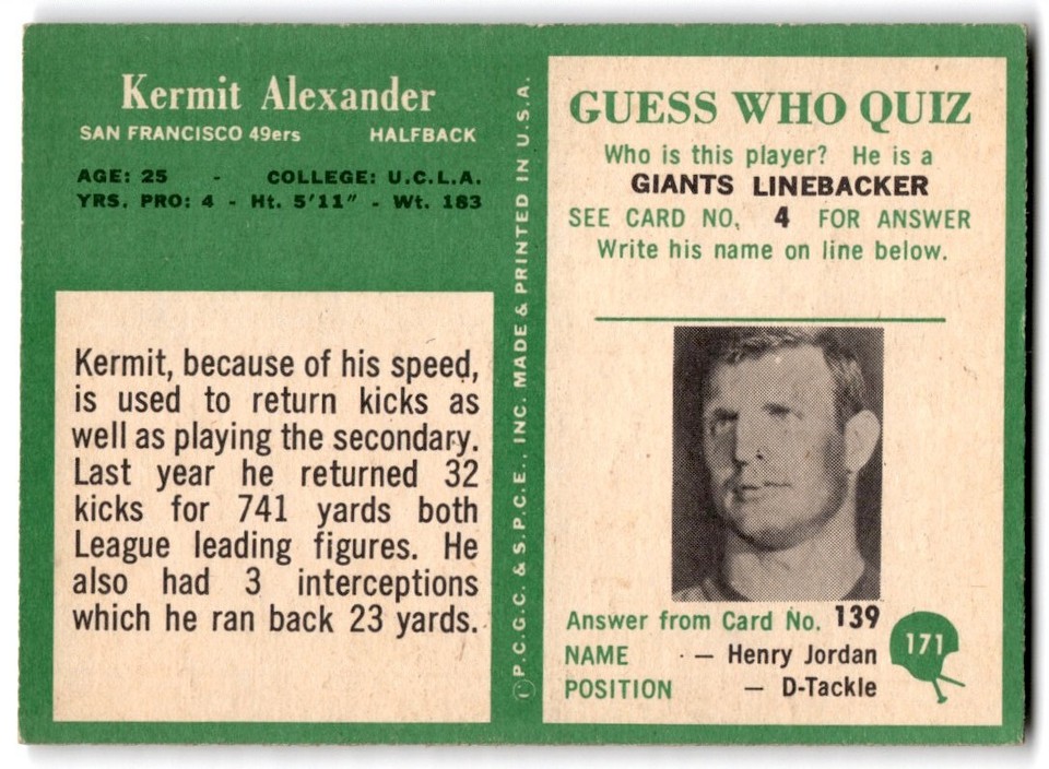 1966 Philadelphia Kermit Alexander San Francisco 49ers #171 | eBay