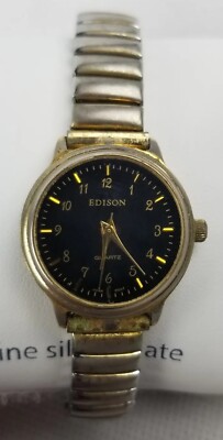 Vtg EDISON QUARTZ Ladies Watch Black Dial With Gold & Silver Tones ...