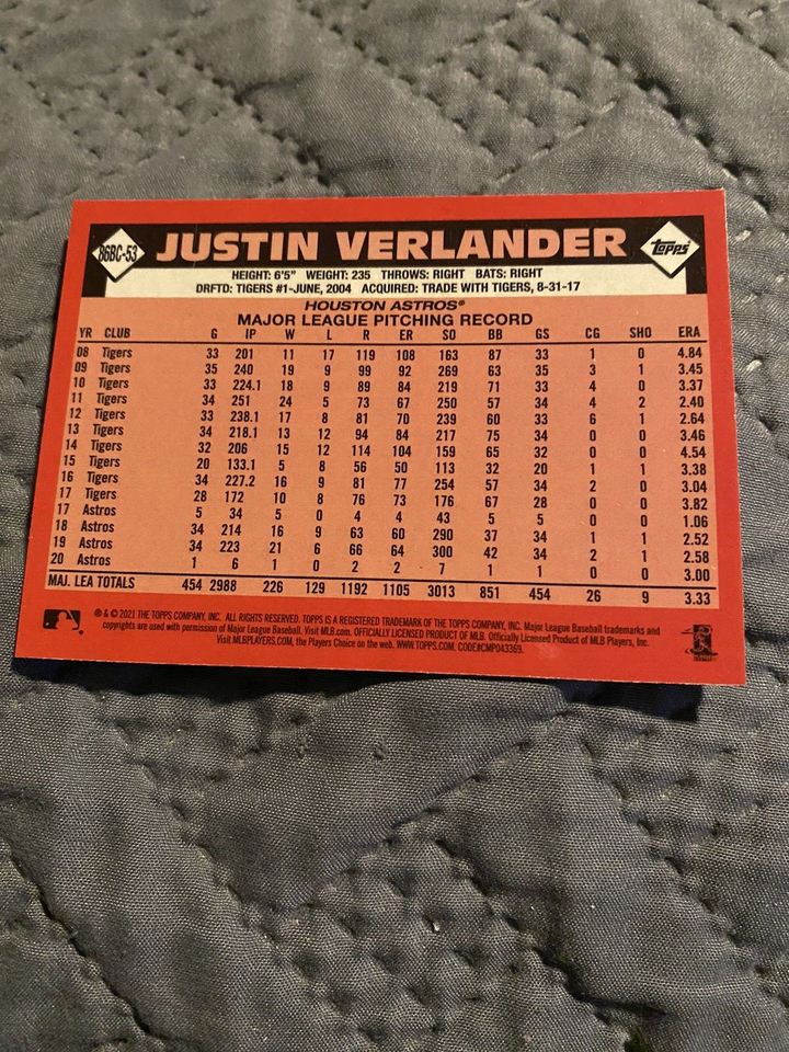 2021 Topps '86 Topps Silver Pack Chrome #86BC53 Justin Verlander ...