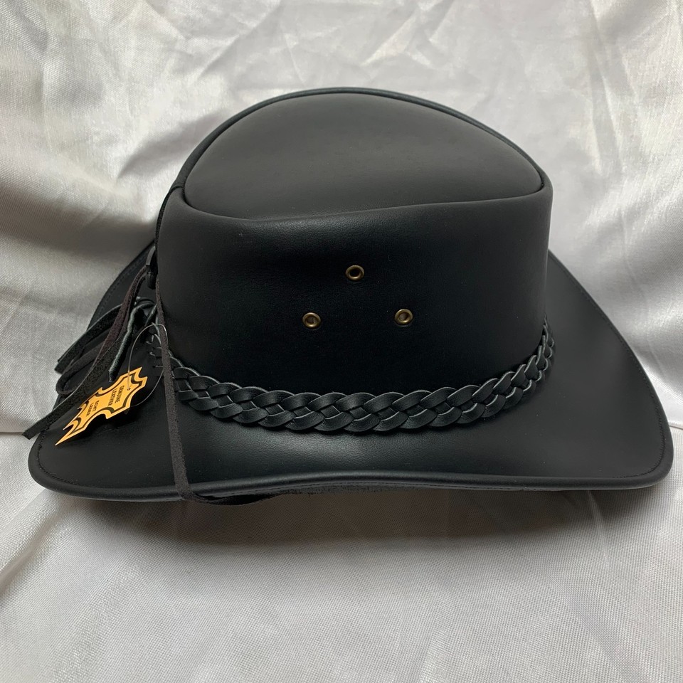 Black Leather Cowboy Hat – Australian Outback Western Style with Chin ...